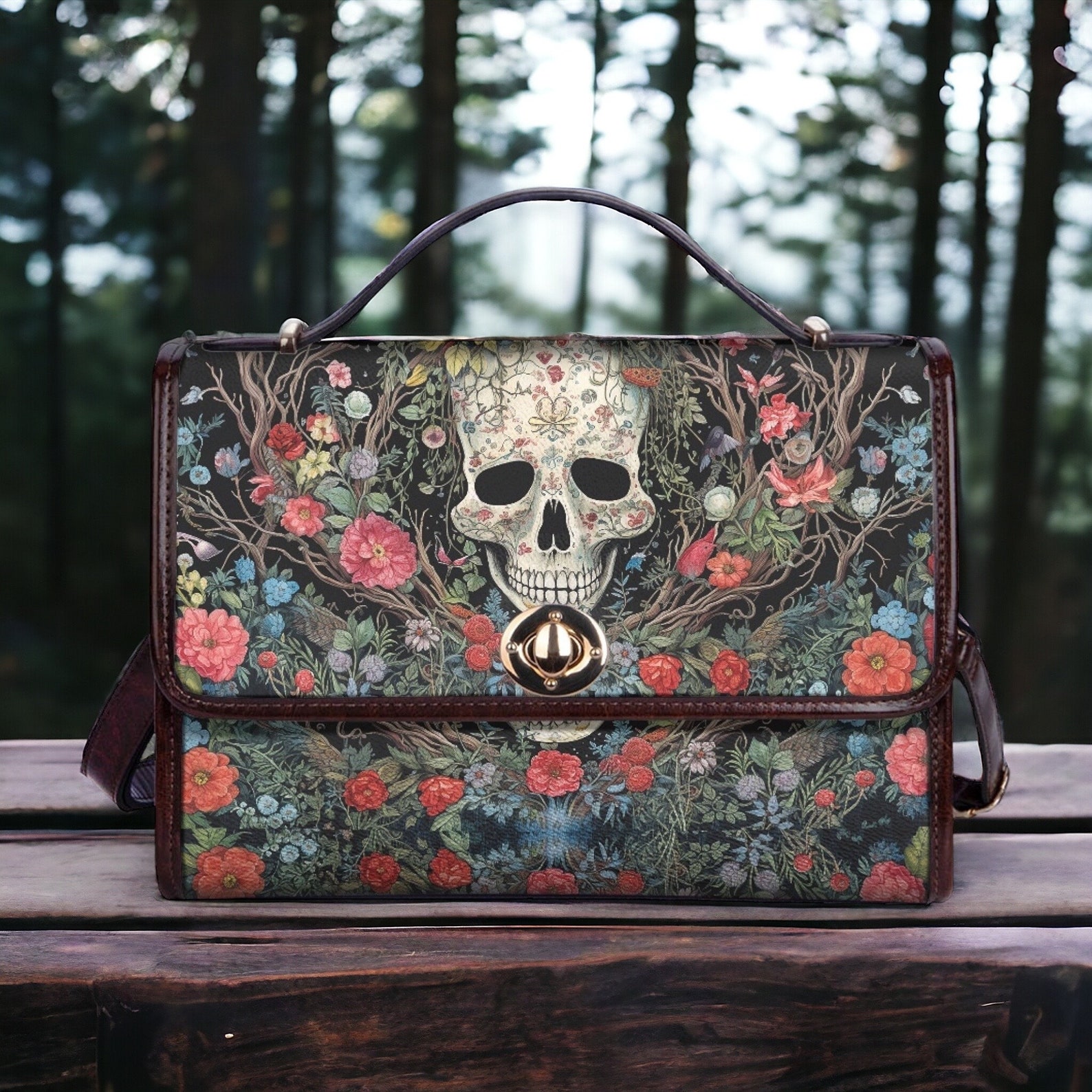 Cottagecore Floral Skuul Boho PU Leather Handbag, Cute Witchy Skuul ...