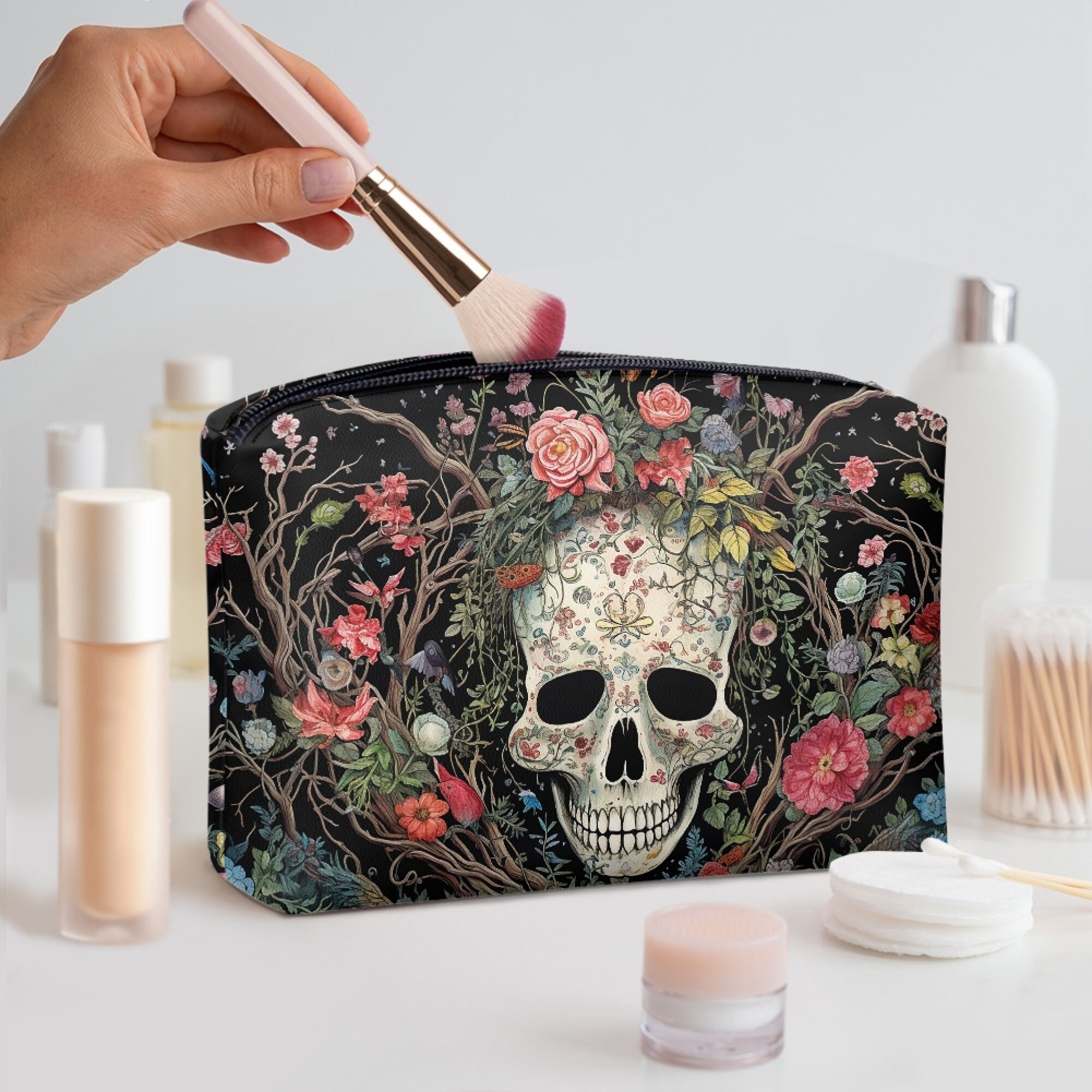Cottagecore Floral Skuul Boho PU Leather Handbag, Cute Witchy Skuul ...