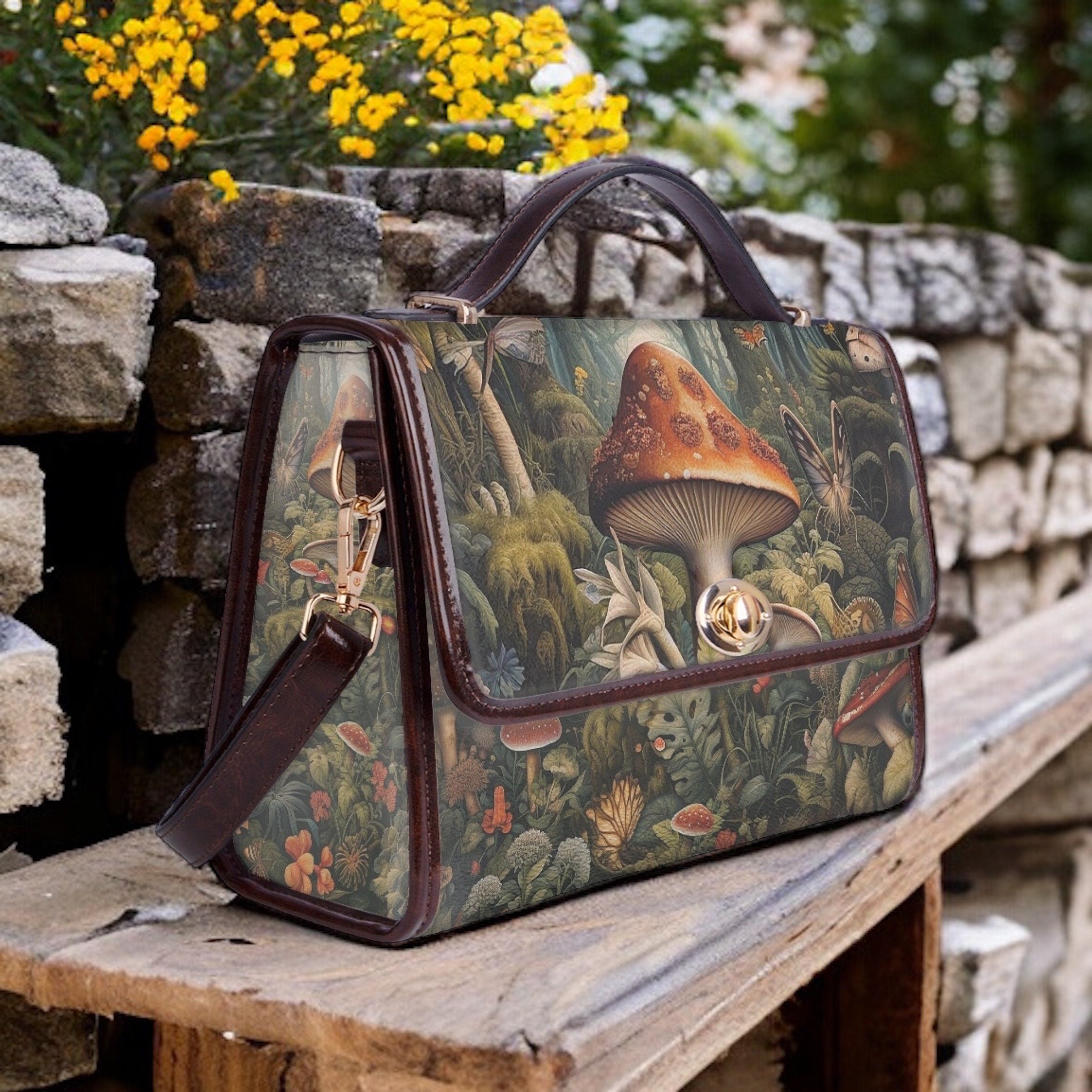 Cottagecore Mushroom Boho PU Leather Handbag, Cute Witchy Mushroom ...