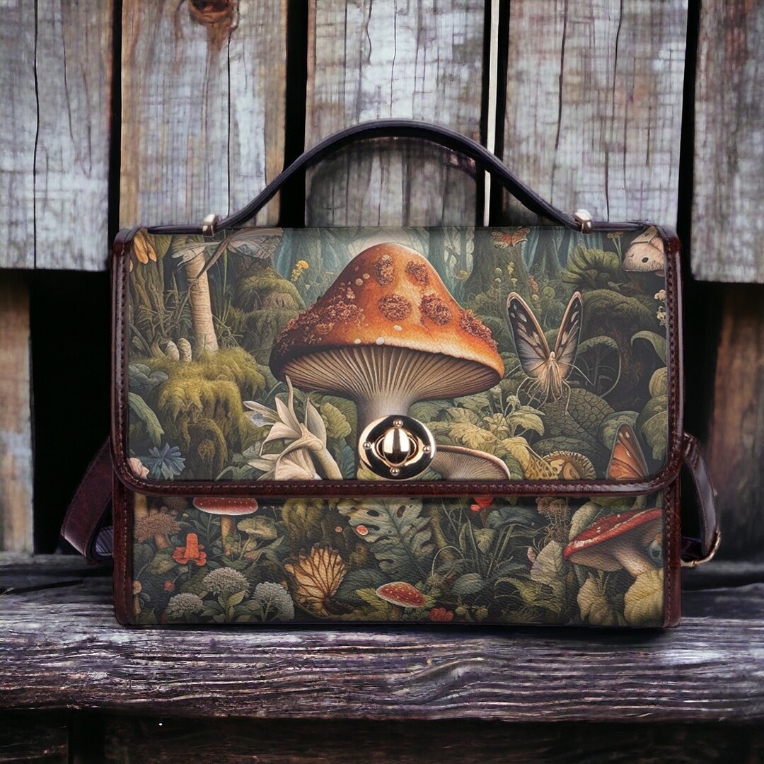 Cottagecore Mushroom Boho PU Leather Handbag, Cute Witchy Mushroom ...