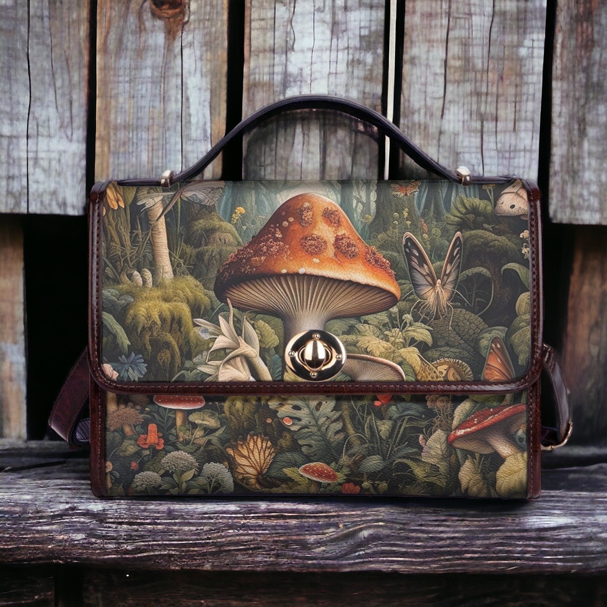 Cottagecore Mushroom Boho PU Leather Handbag, Cute Witchy Mushroom ...