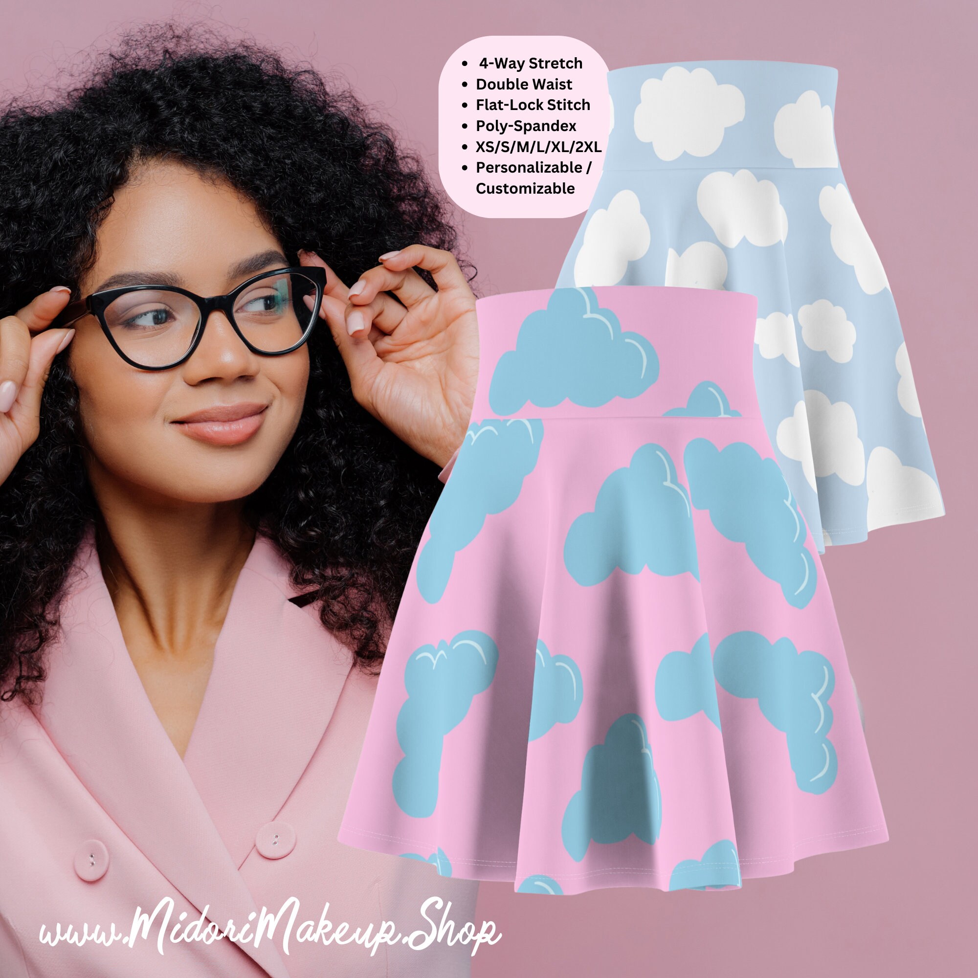 Kawaii Pink Clouds Blue Drip Skater Skirt Mid Mod Mini Flared 90s Retro
