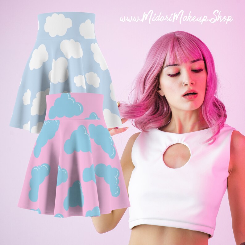 Blue Sky Clouds Kawaii Skater Skirt Mid Mod Mini Flared 90s 70s Retro