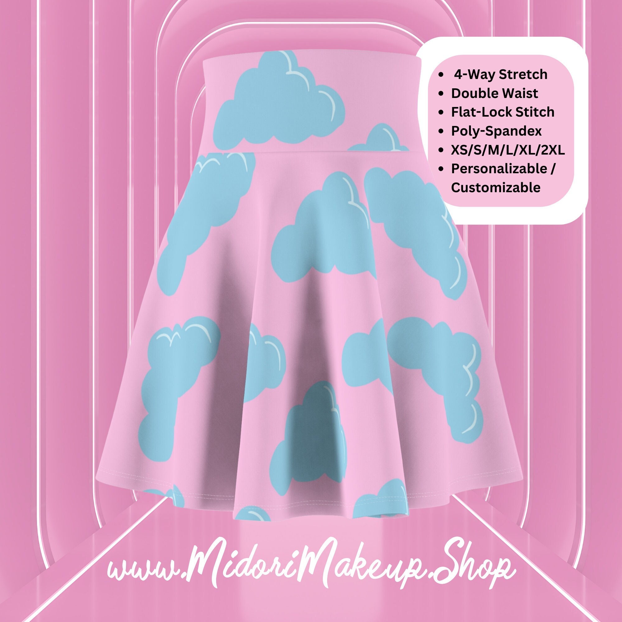 Kawaii Pink Clouds Blue Drip Skater Skirt Mid Mod Mini Flared 90s Retro