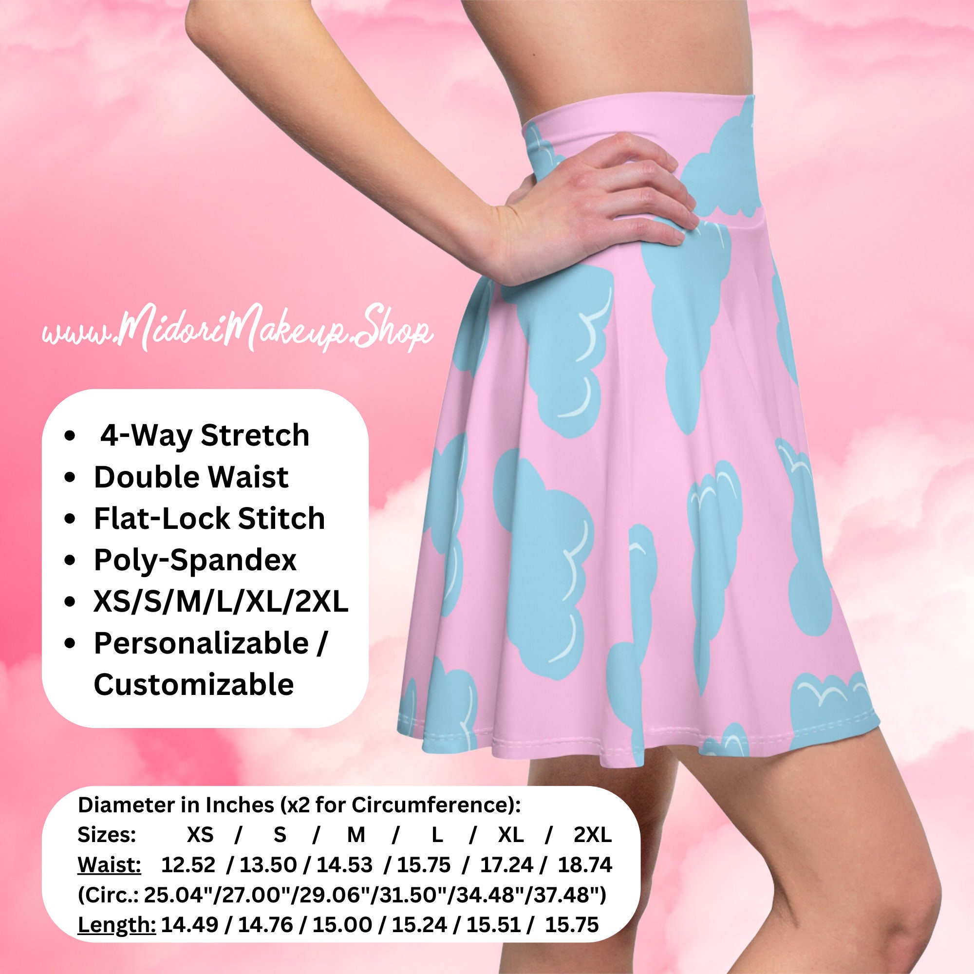 Kawaii Pink Clouds Blue Drip Skater Skirt Mid Mod Mini Flared 90s Retro