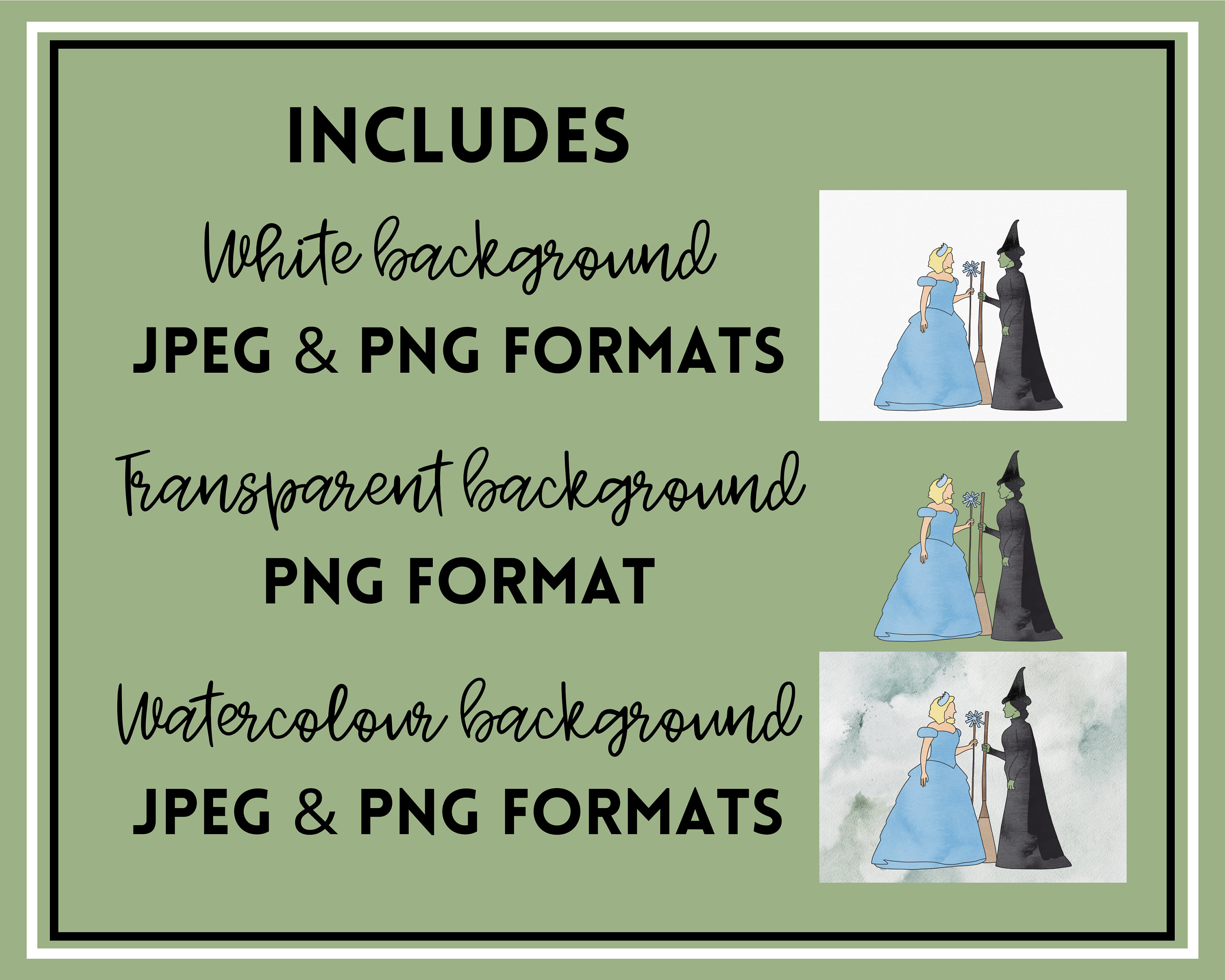 Wicked Clipart PNG/JPEG, Watercolor Glinda & Elphaba Printable Art ...