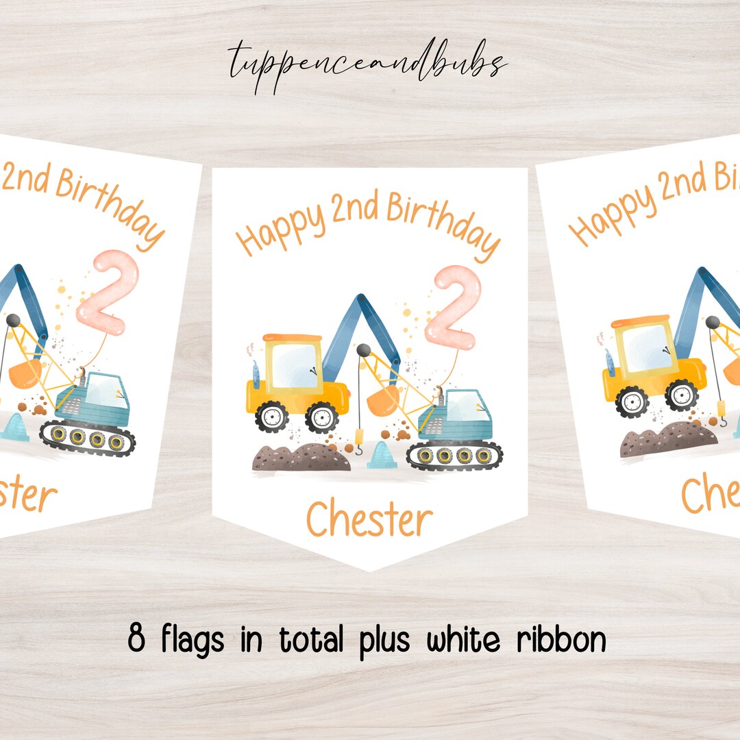 Personalised Birthday Bunting Flags Construction Diggers Banners for ...