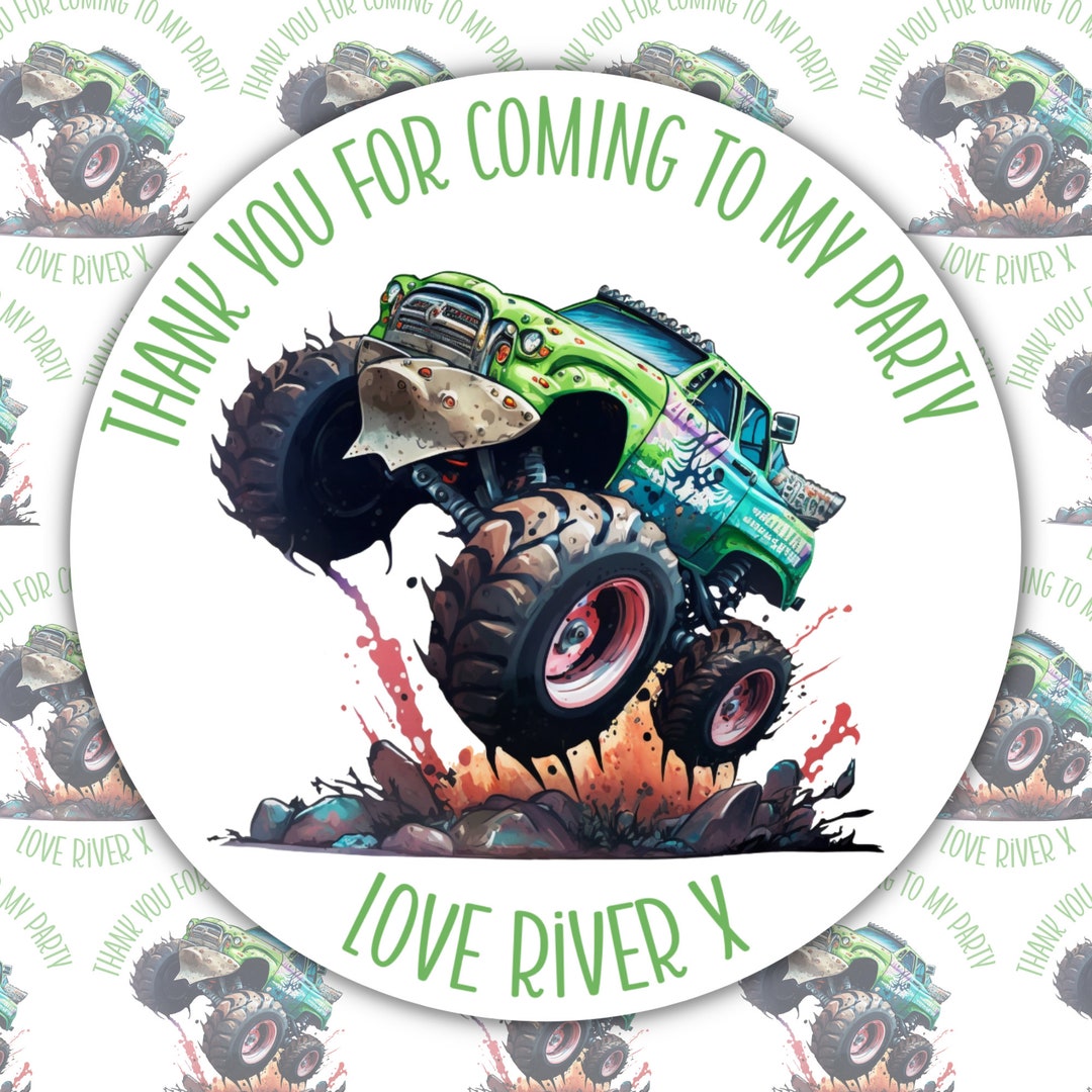 Monster Truck Birthday Party Stickers for Him Personalised Sweet Cones ...