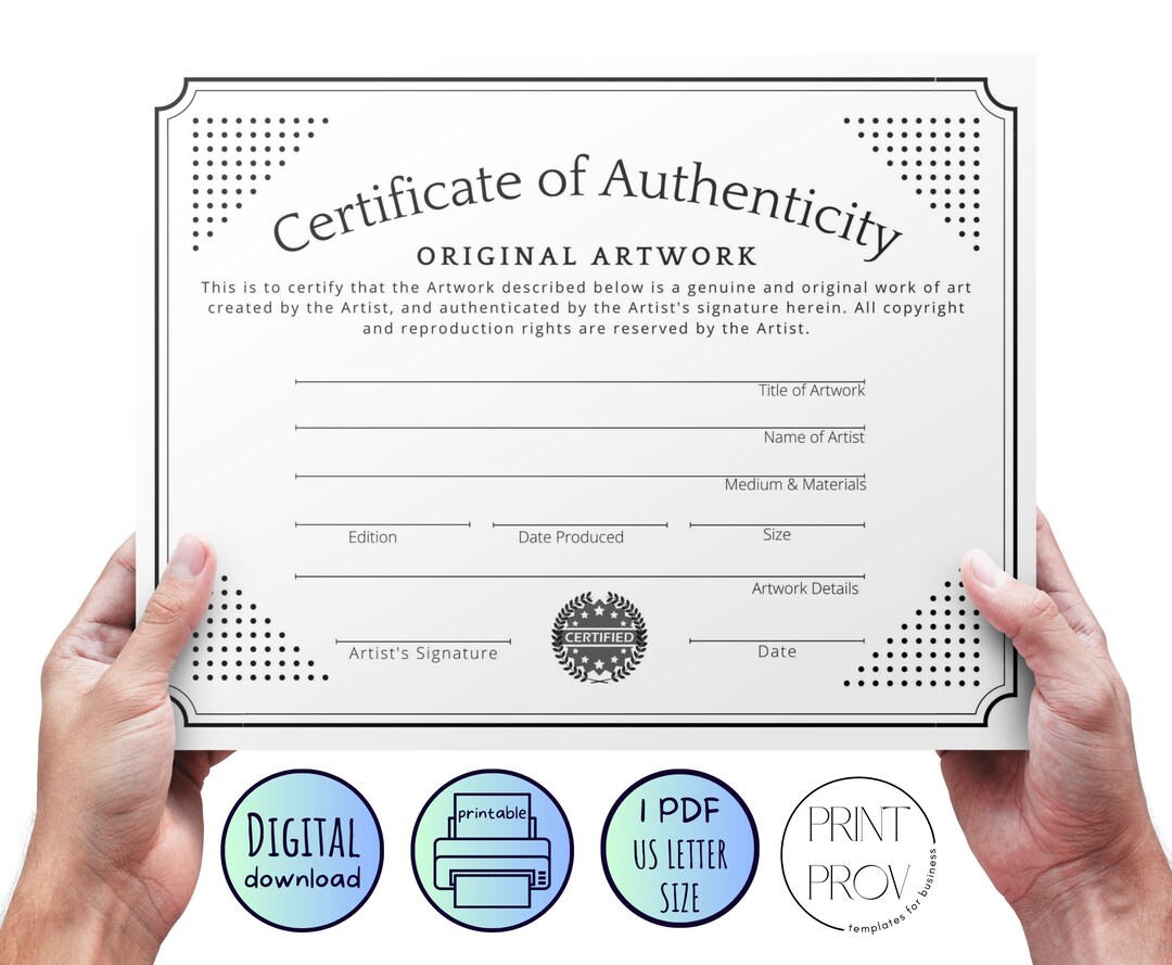 Printable * Certificate of Authenticity for Original Artwork - US ...