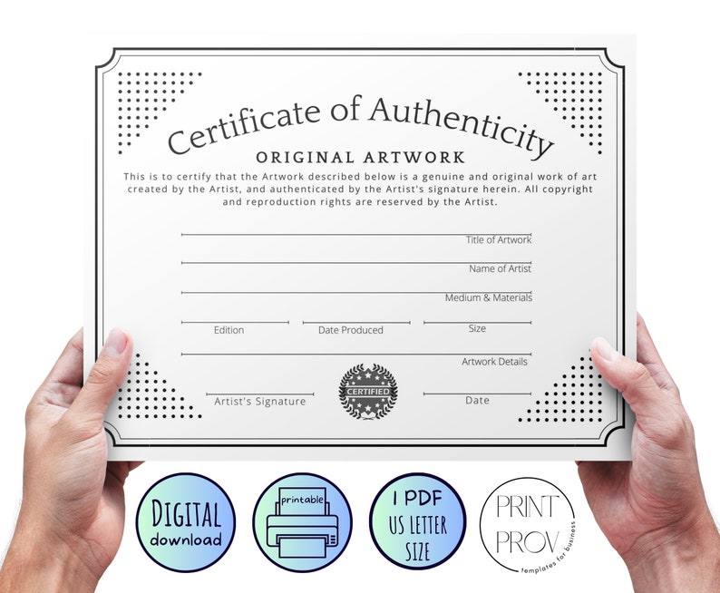 Printable * Certificate of Authenticity for Original Artwork - US Letter Size – Dots, Write-in ...