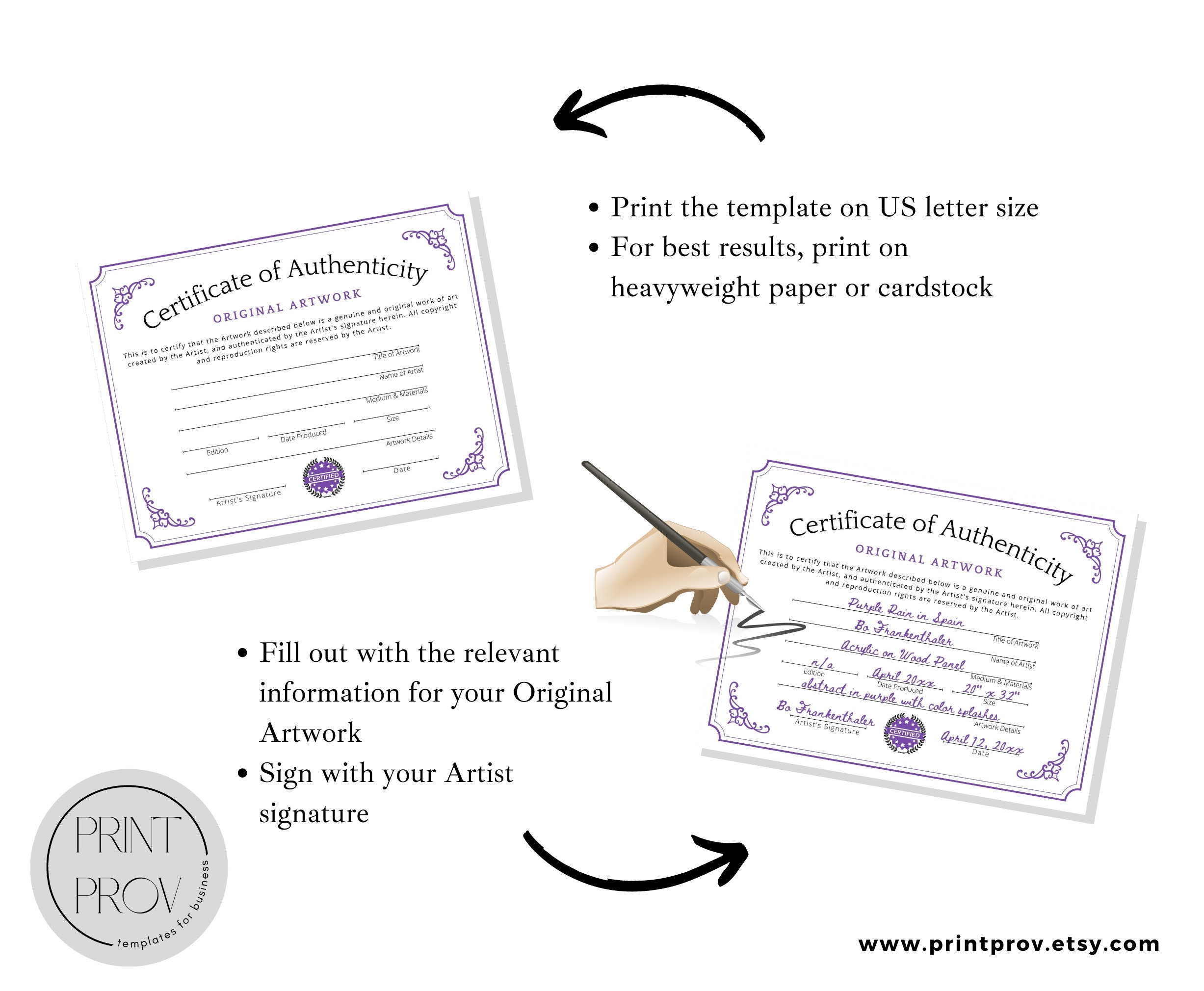 Printable * Certificate of Authenticity for Original Artwork - US ...