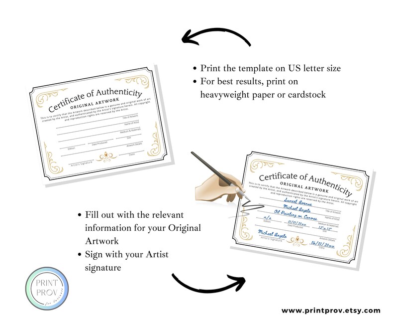 Printable * Certificate of Authenticity for Original Artwork - US ...