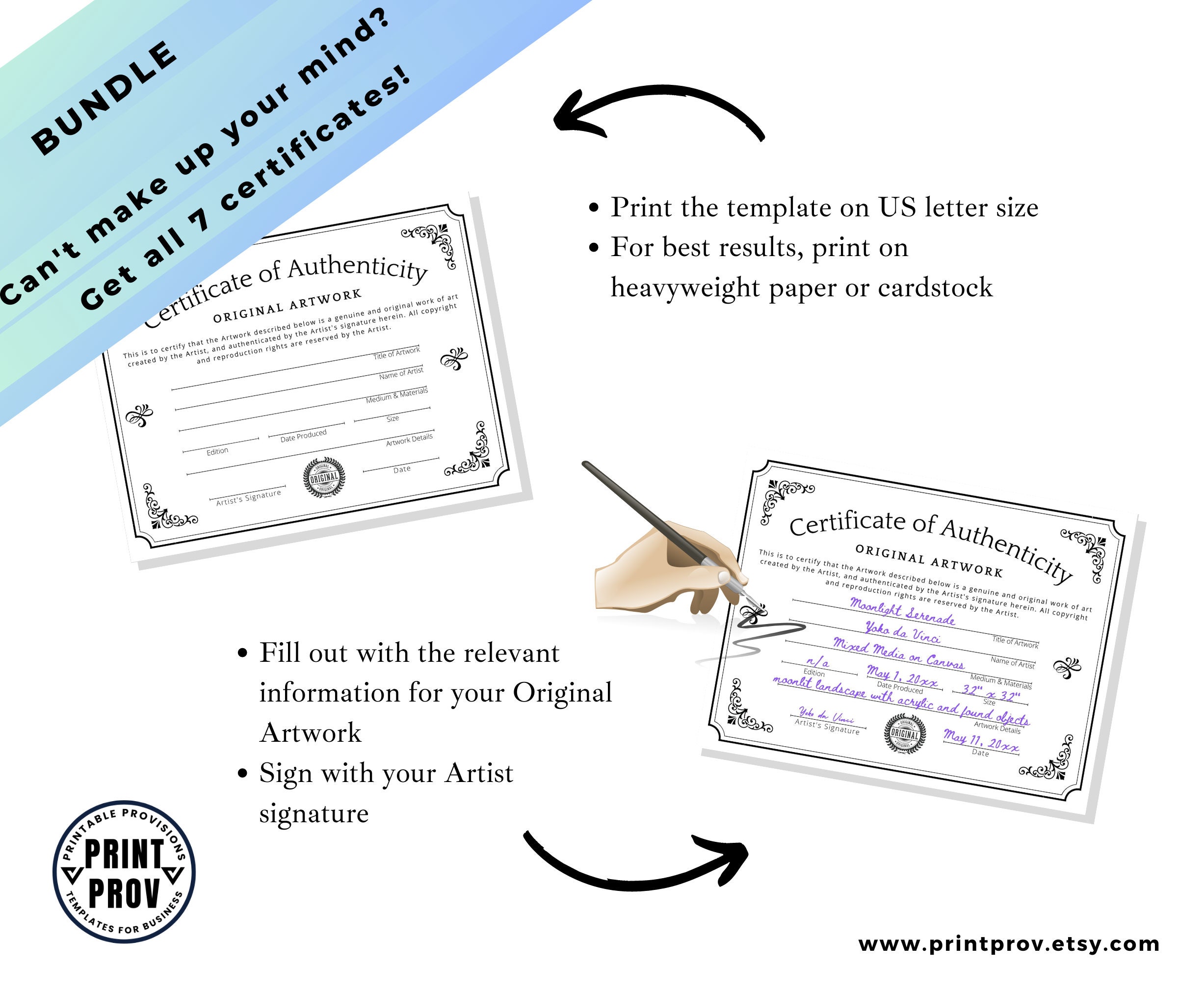 BUNDLE - Printable * Certificates of Authenticity for Original Artwork ...