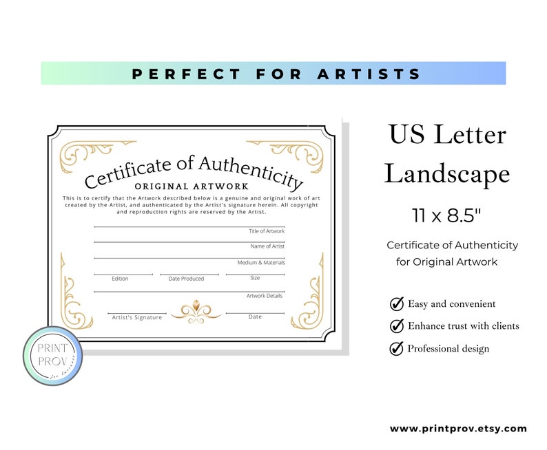 Printable * Certificate of Authenticity for Original Artwork - US ...