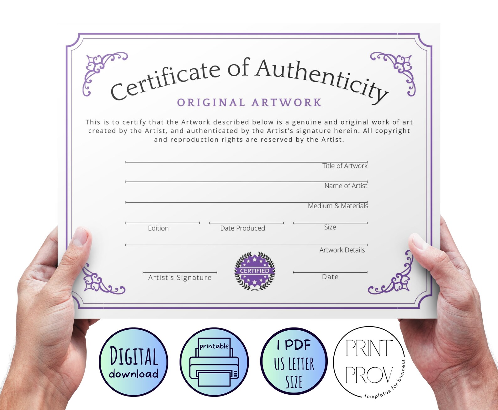 Printable Certificate of Authenticity for Original Artwork US Letter ...