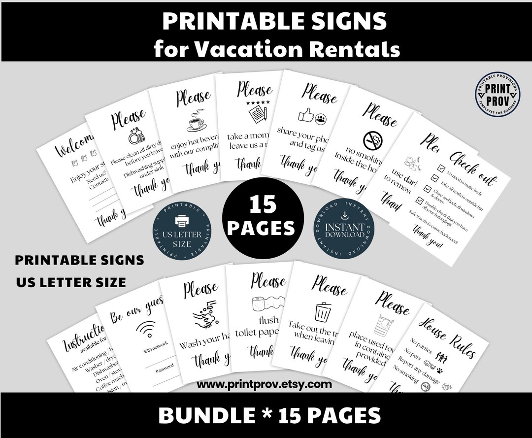 BUNDLE - Printable * Vacation Rental Signs - US Letter Size – Instant ...