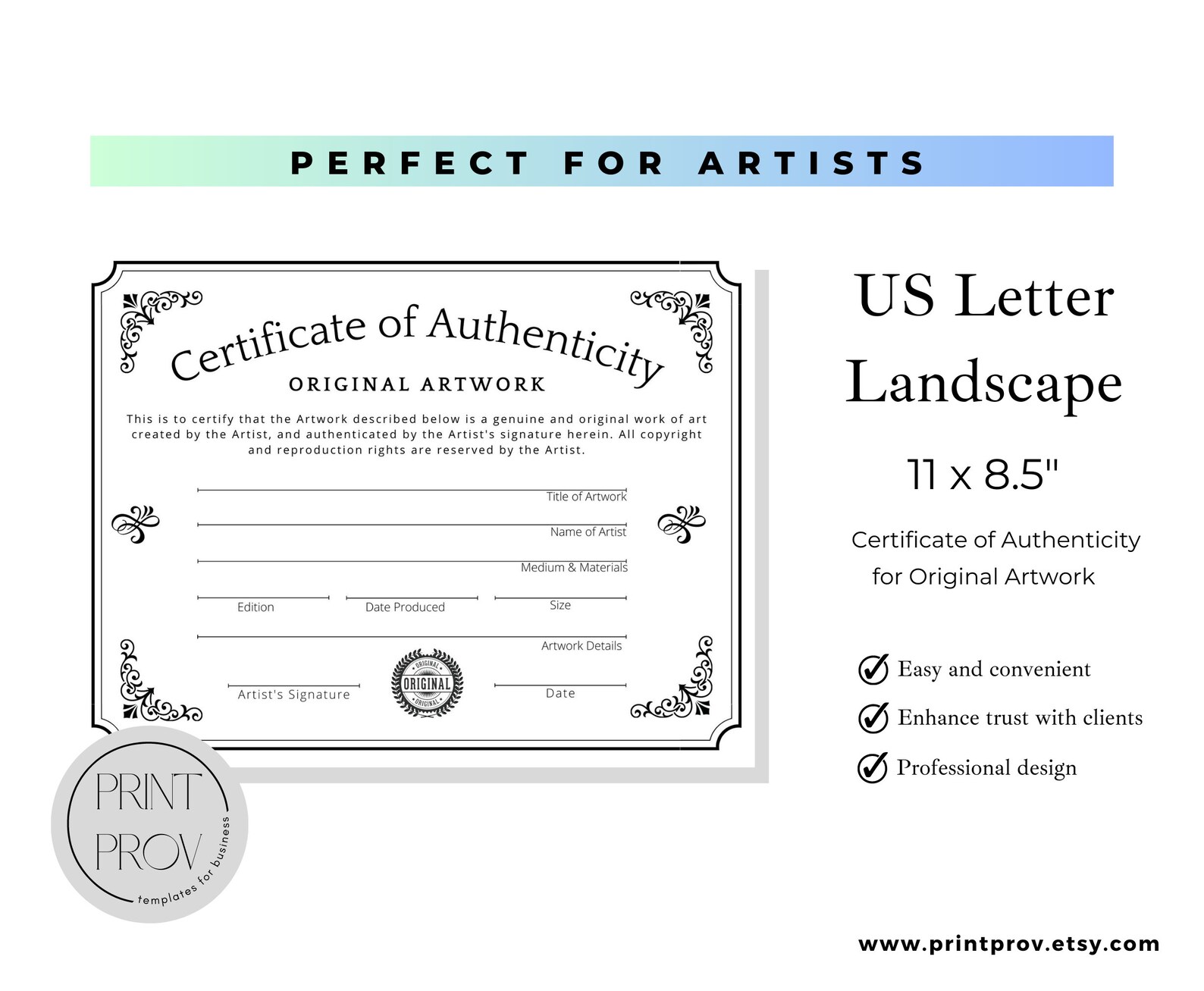Printable * Certificate of Authenticity for Original Artwork - US ...