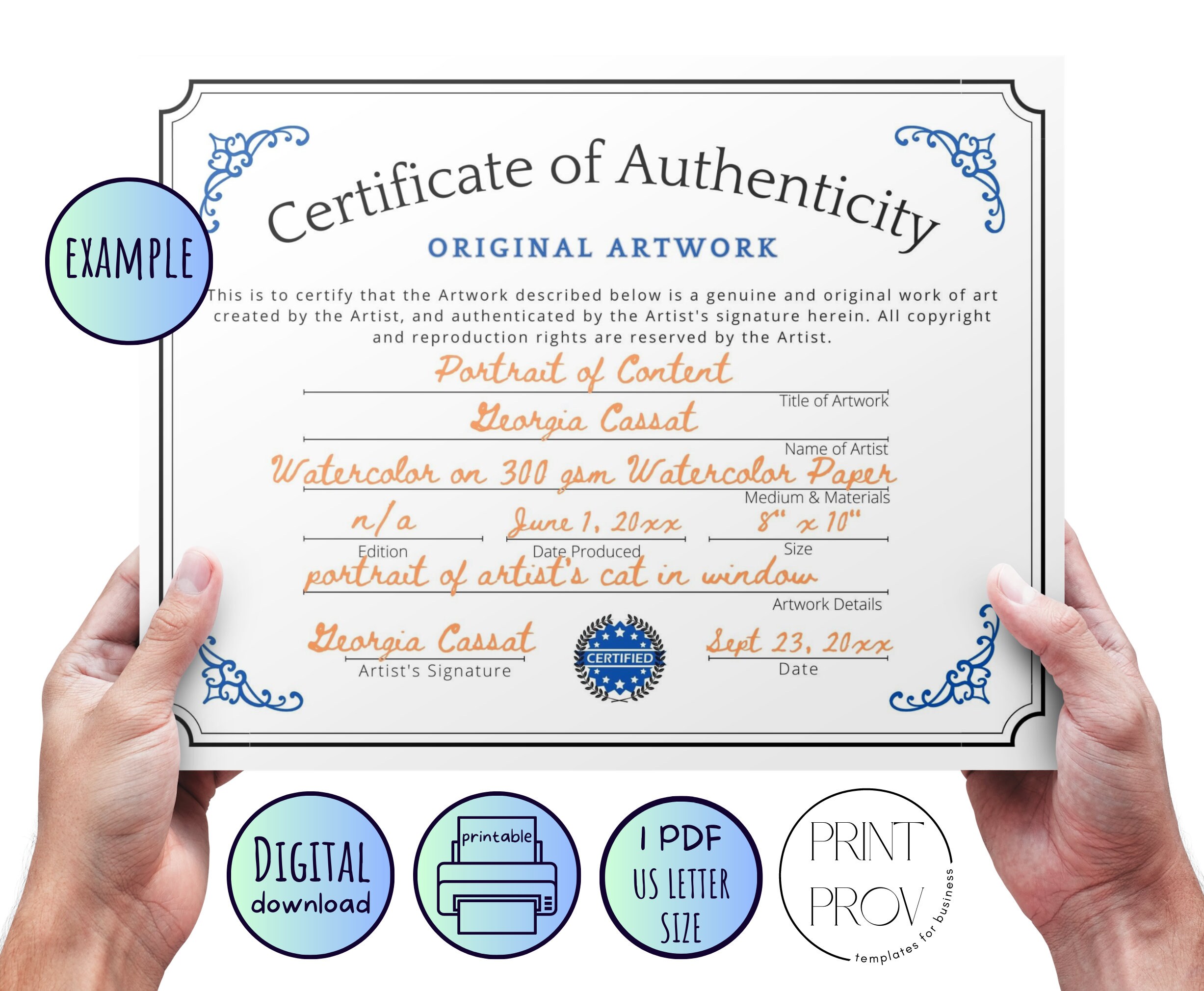 Printable * Certificate of Authenticity for Original Artwork - US ...
