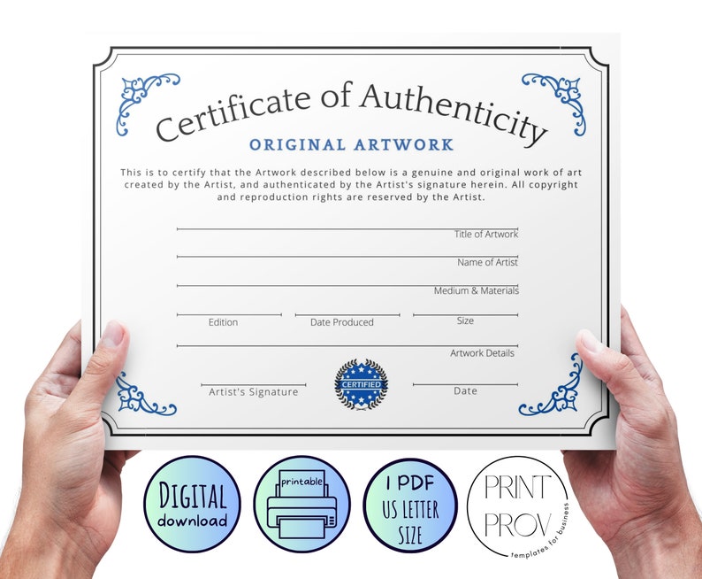 Printable * Certificate of Authenticity for Original Artwork - US ...