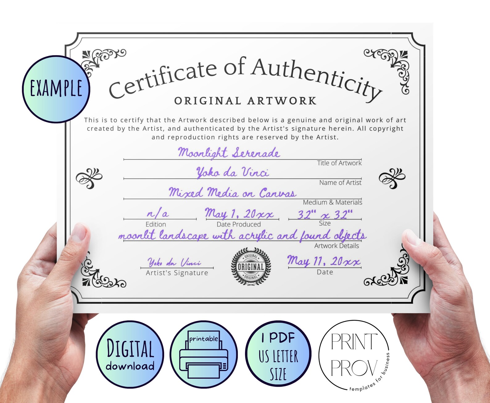 Printable * Certificate of Authenticity for Original Artwork - US ...