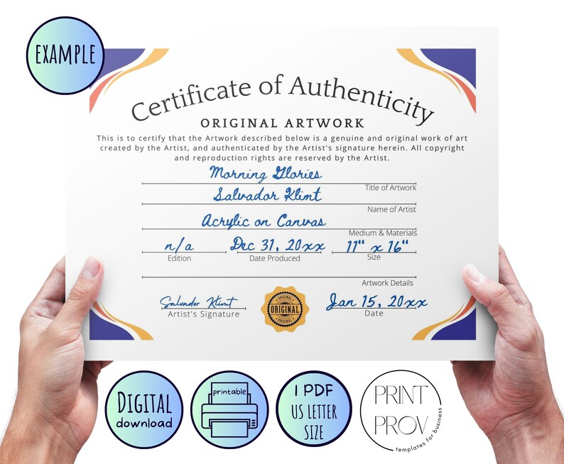 Printable * Certificate of Authenticity for Original Artwork - US ...