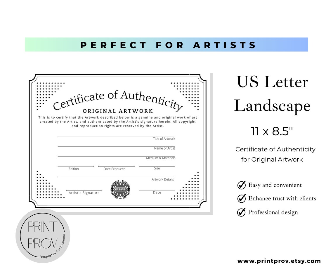 Printable * Certificate of Authenticity for Original Artwork - US ...