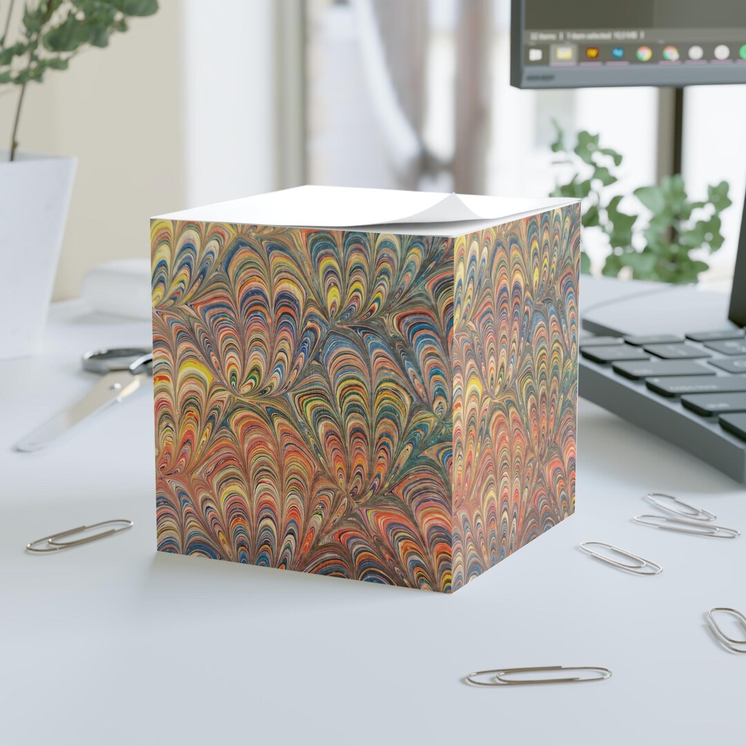 Marbled Peacock Feather Pattern Note Cube | Colorful Desk Memo Block - Etsy