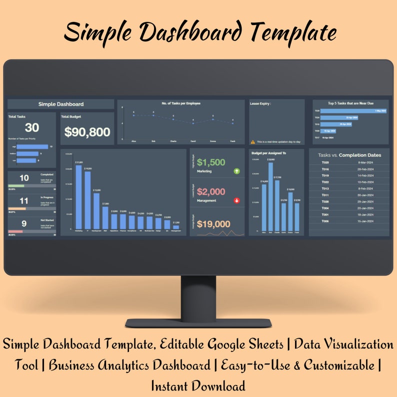 Simple Dashboard Template, Editable Google Sheets Data Visualization Tool Business Analytics ...