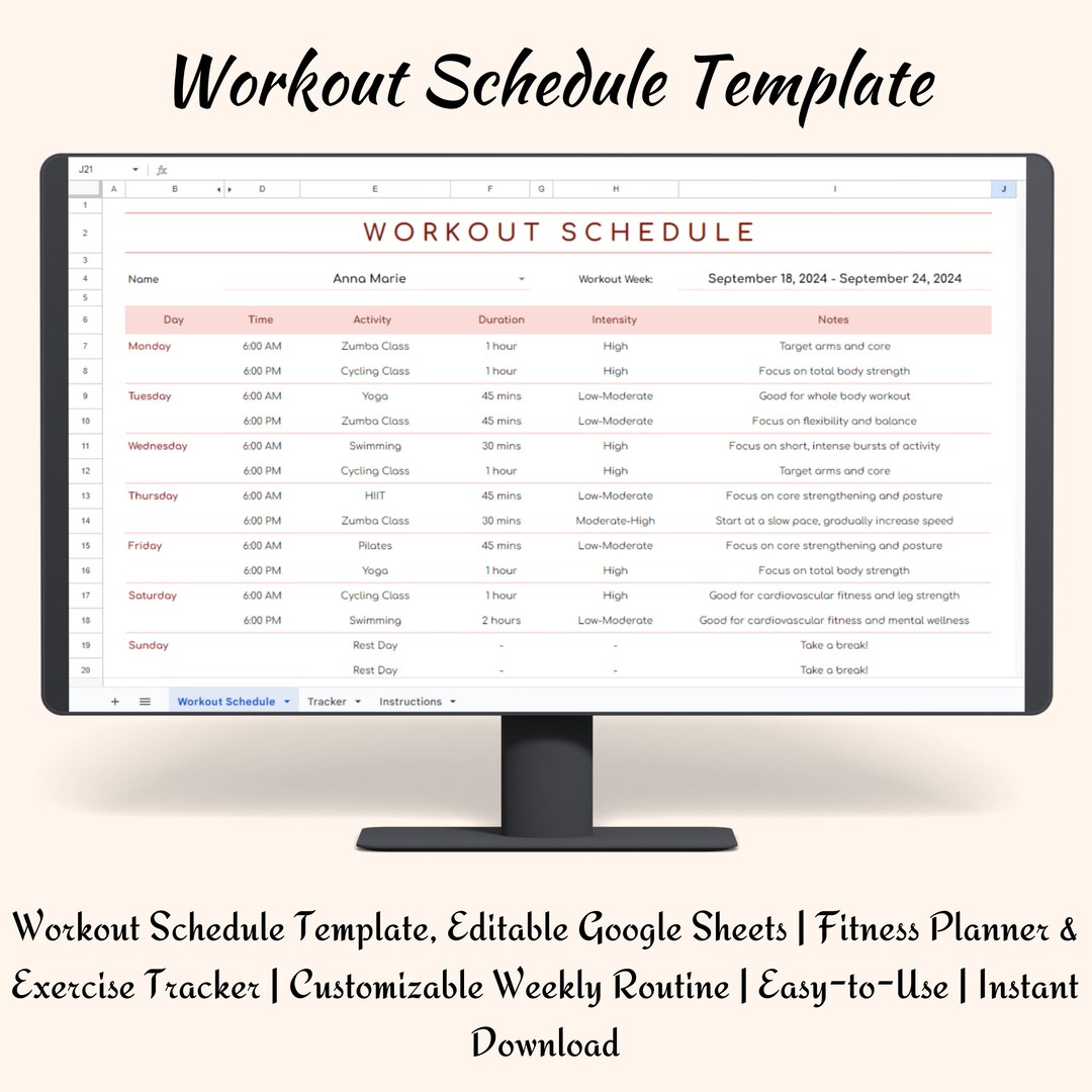 Workout Schedule Template, Editable Google Sheets Fitness Planner ...
