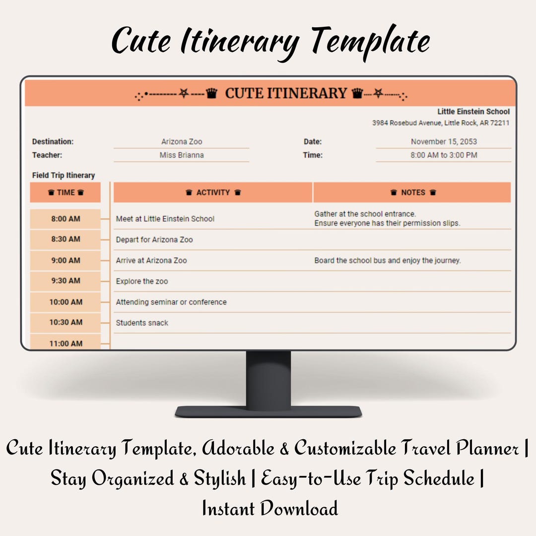 Cute Itinerary Template, Adorable and Customizable Travel Planner Stay ...