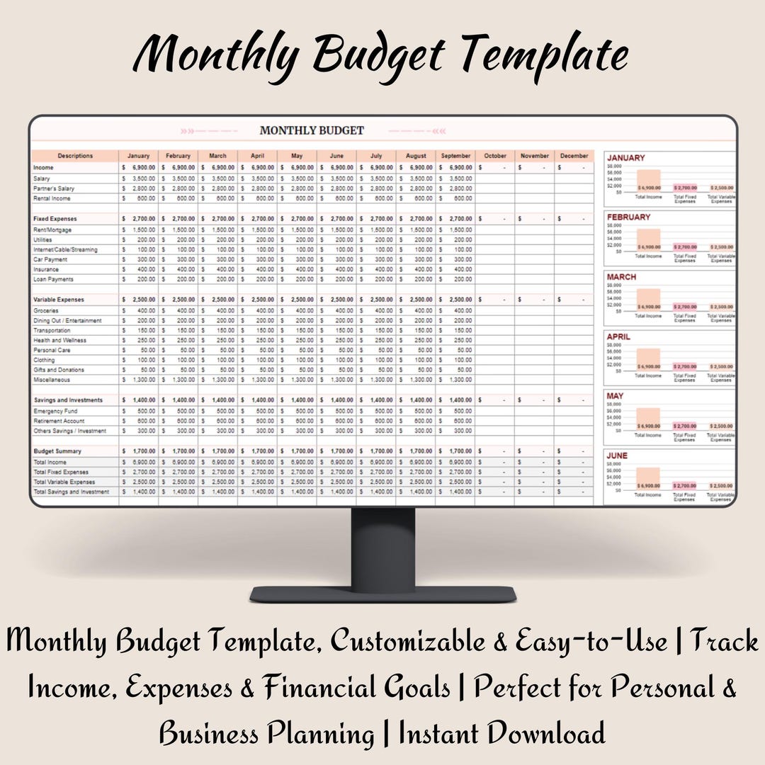 Monthly Budget Template, Customizable and Easy-to-use Track Income ...