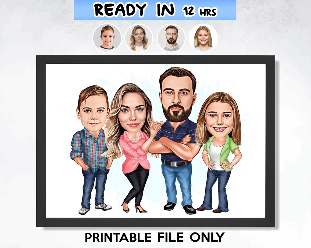 Custom Family Cartoon Portrait, Funny Family Gift, Family Caricature ...