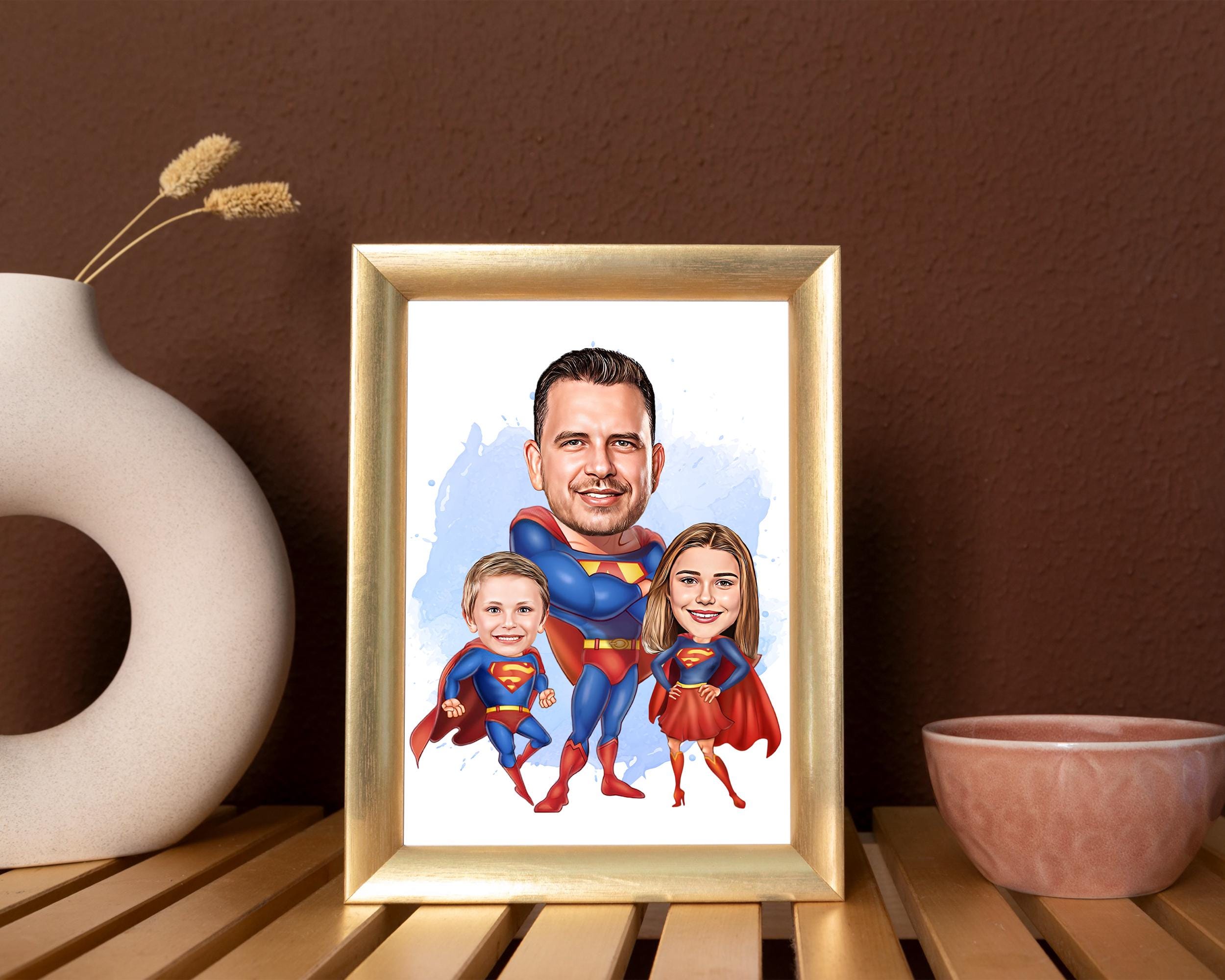 Custom Super Dad and Two Kids Cartoon Portrait, Superhero Caricature ...
