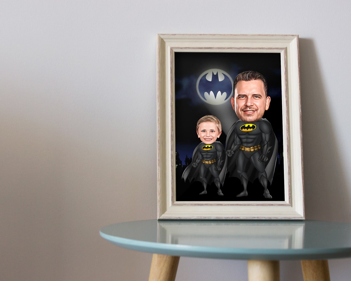 Custom Super Dad and Child Cartoon Portrait, Superhero Caricature, Dad ...