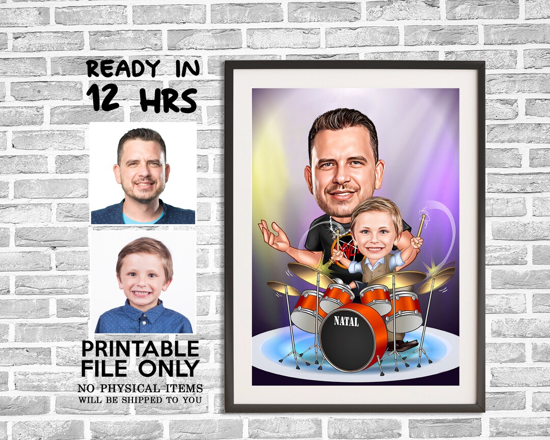 Custom Dad and Son Cartoon Portrait, Drummer Caricature, Dad's Gift ...