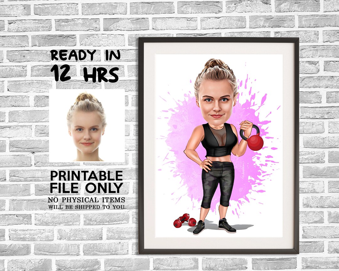 Personalized Woman Fitness Cartoon Portrait, Weightlifter Caricature ...