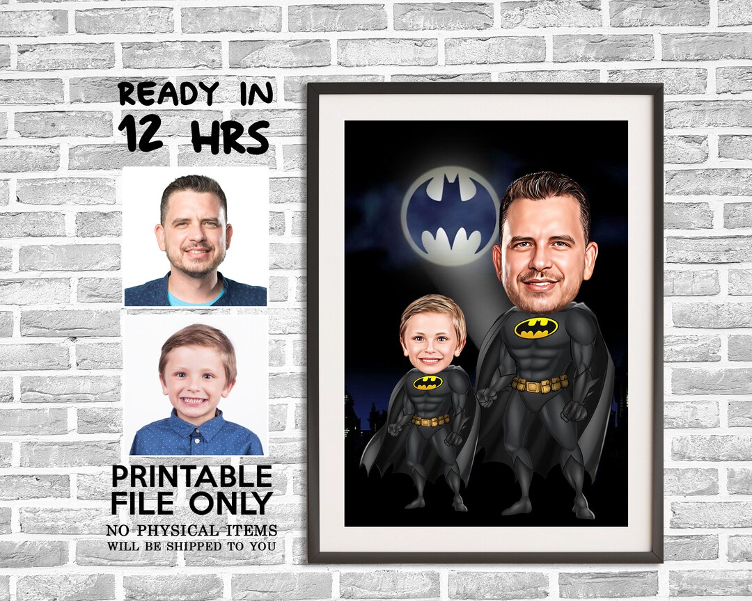 Custom Super Dad and Child Cartoon Portrait, Superhero Caricature, Dad ...