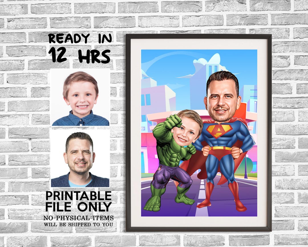 Custom Super Dad and Son Cartoon Portrait, Super Dad Caricature, Dad's ...