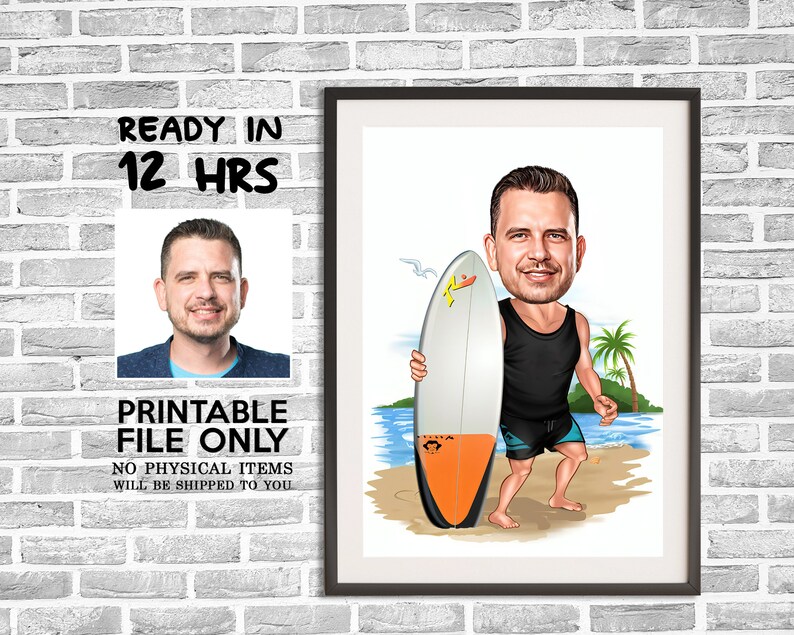 Custom Surfing Cartoon Portrait, Male Surfing Cartoon, Surfing ...