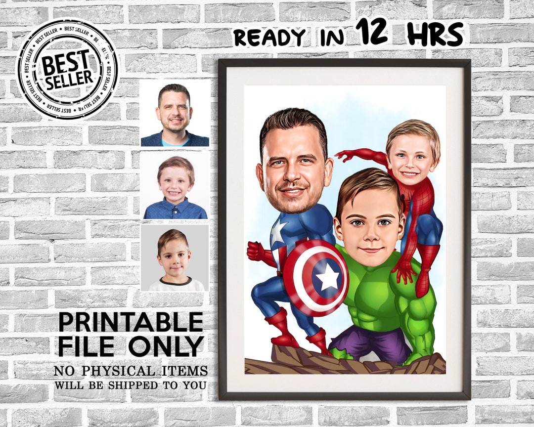 Custom Super Dad and Two Son Cartoon Portrait, Superhero Caricature ...