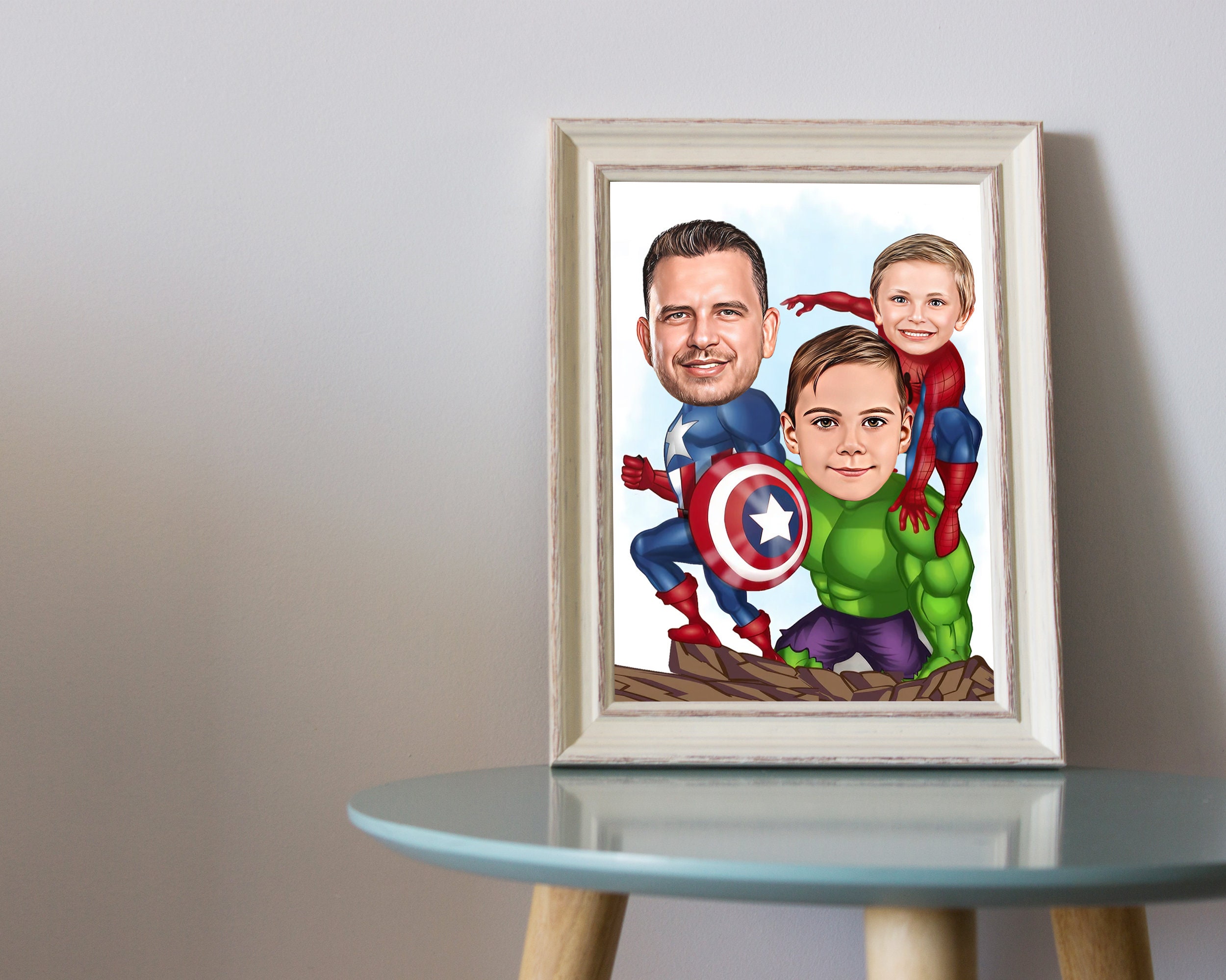 Custom Super Dad and Two Son Cartoon Portrait, Superhero Caricature ...