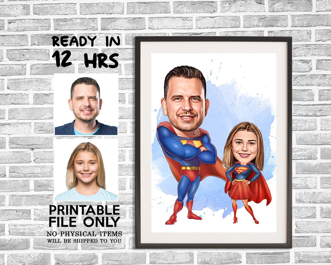Custom Super Dad and Daughter Cartoon Portrait, Superhero Caricature ...