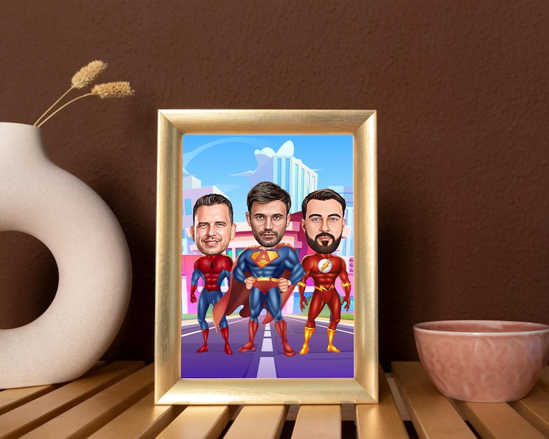 Custom Super Dad and Two Son Cartoon Portrait, Superhero Caricature ...
