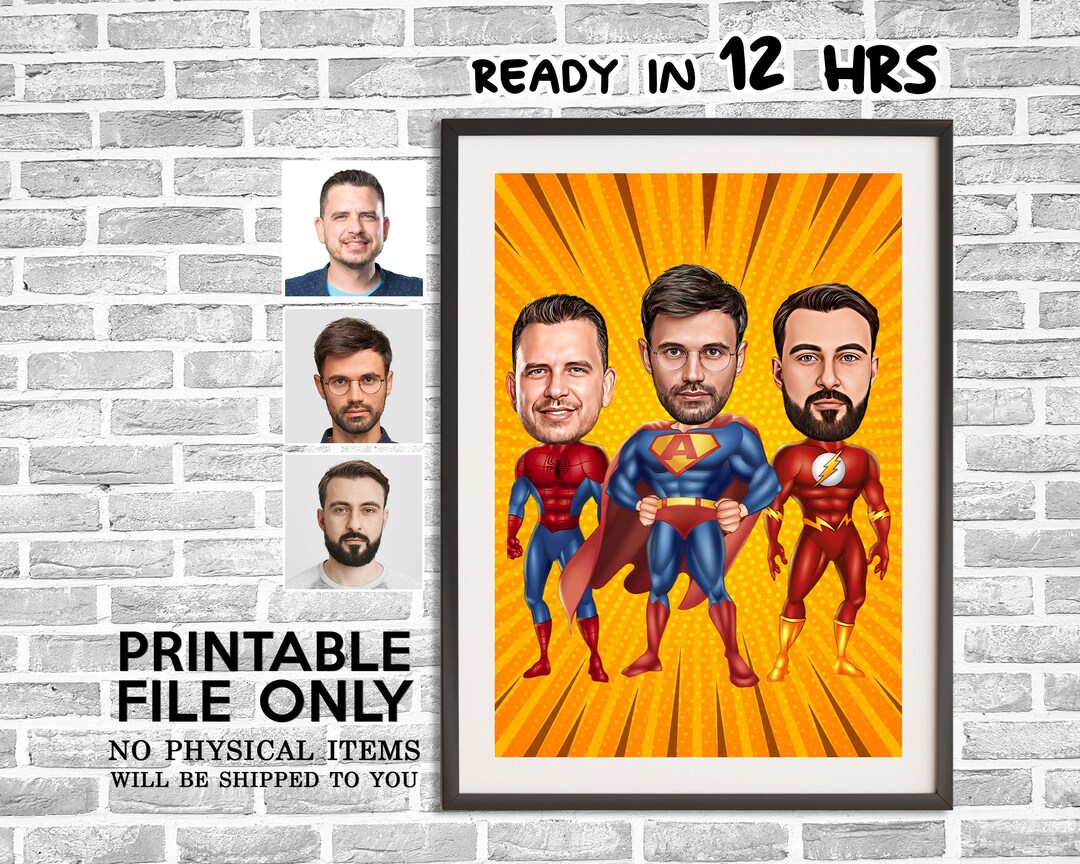Custom Super Dad and Two Son Cartoon Portrait, Superhero Caricature ...