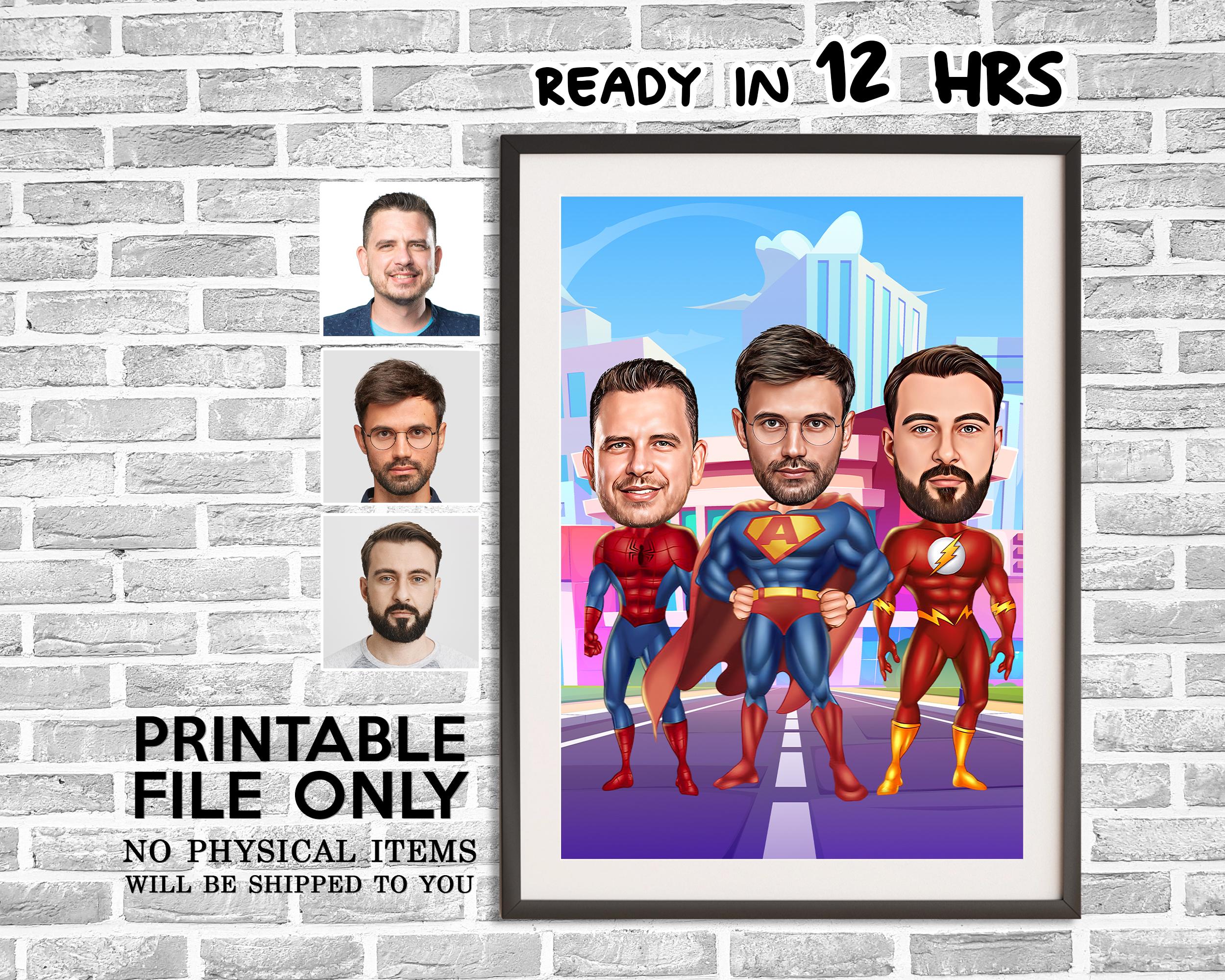 Custom Super Dad and Two Son Cartoon Portrait, Superhero Caricature ...
