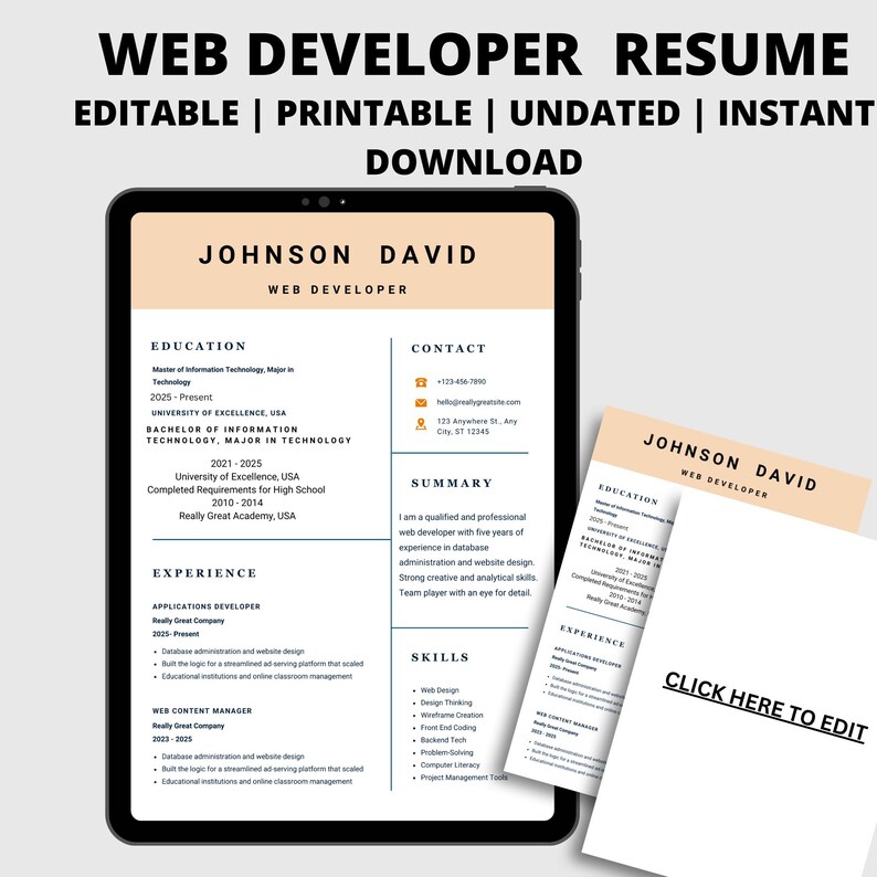 Editable Web Developer Resume Template PDF | Instant Download ...