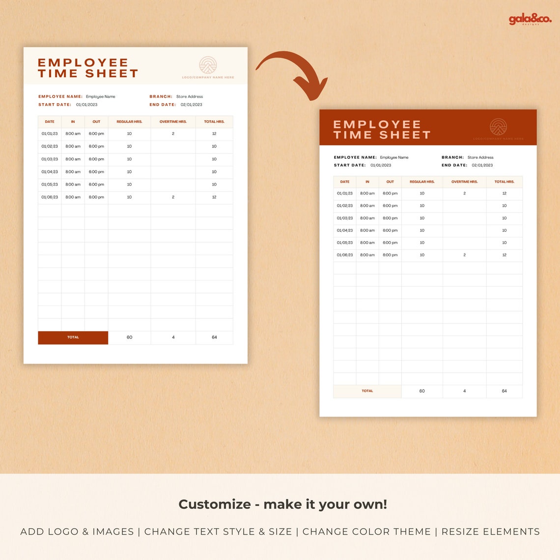 Employee Time Sheet Template Canva PDF, Small Business Bundle Template, Editable Canva Printable ...