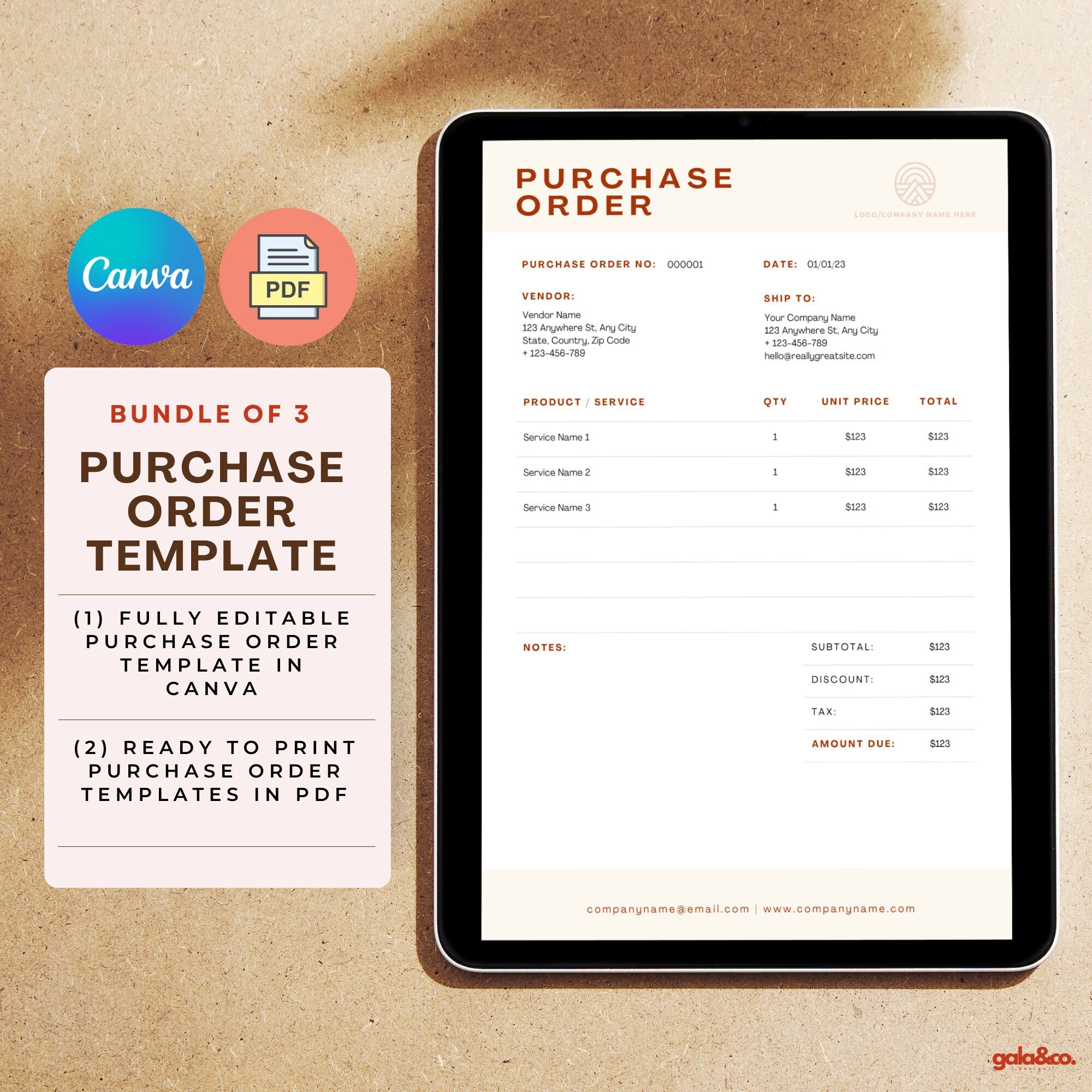 Purchase Order Template Canva PDF, Small Business Bundle Template, Editable Canva Printable PDF ...