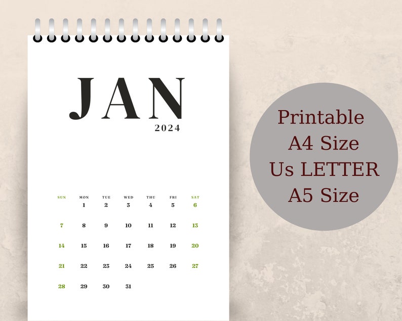 2024 Calendar Black and White Minimal Desk Calendar A4, A5, and US ...