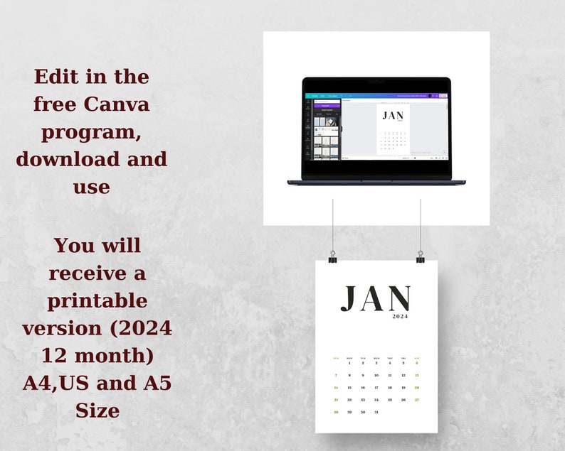 2024 Calendar Black and White Minimal Desk Calendar A4, A5, and US ...